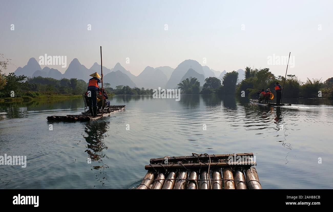 Bamboo Rafting at Yulong River, Yangshuo Guilin, Guangxi Provind, China ...