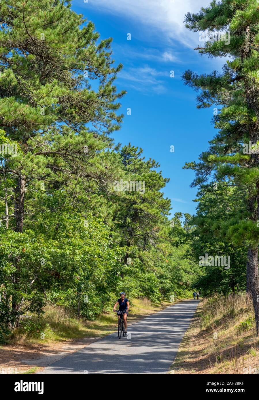 Cyclist on the Cape Code Rail Trail, a bike route passing through ...