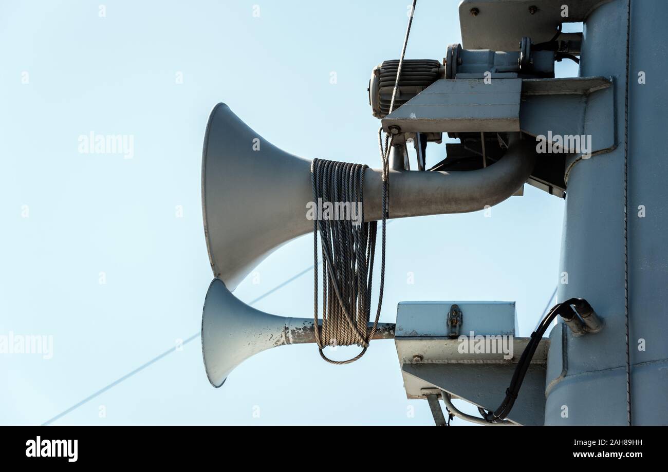 Two speaking trumpets on a ship Stock Photo - Alamy