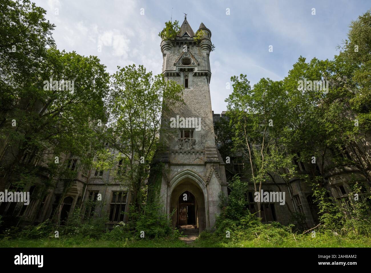 Symmetrical wide angle view of an ancient abandoned castle, with a ...