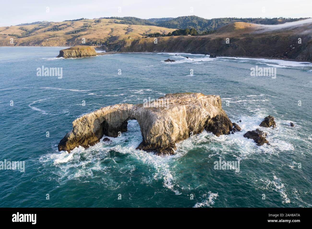 The Pacific Ocean washes against a sea stack off the northern ...