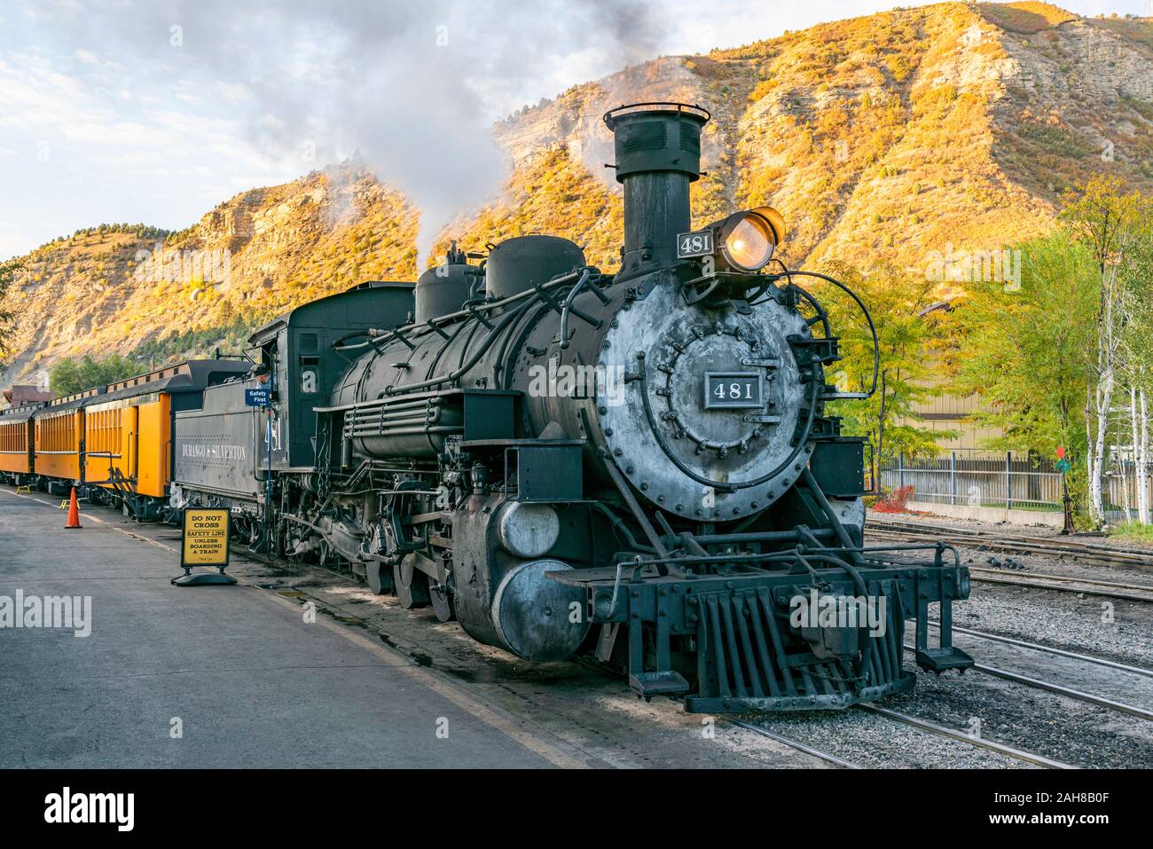 A steam engine on the Durango and Silverton railroad in the station at ...