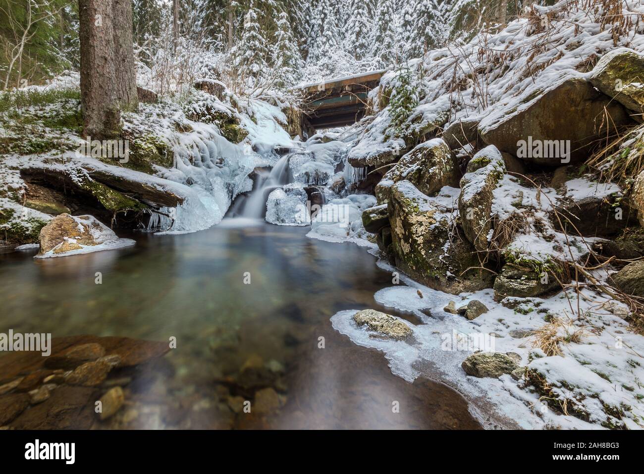 Wide angle view of winter landscape, with a small waterfall flowing ...