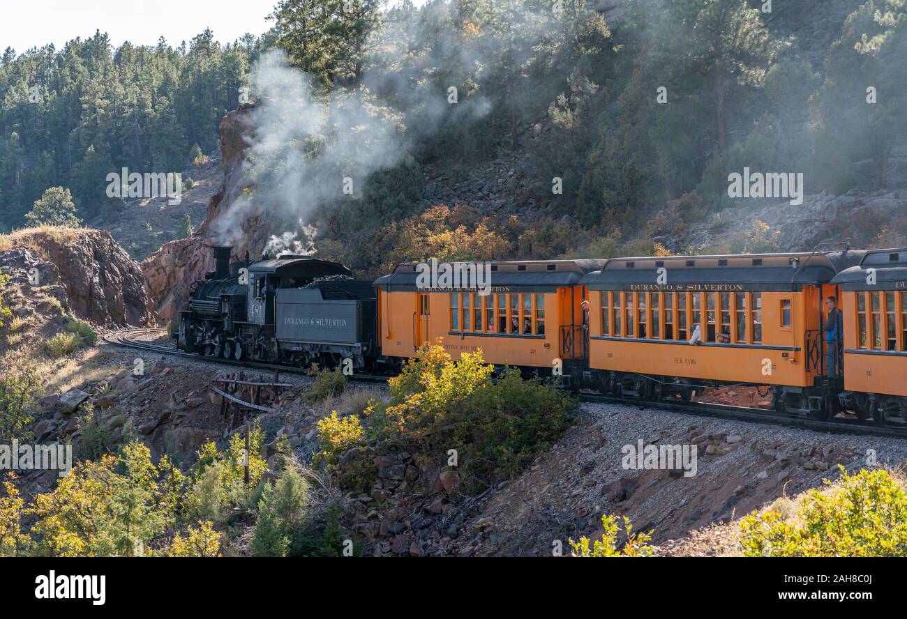 A steam engine pulling a train on the Durango and Silverton railroad ...