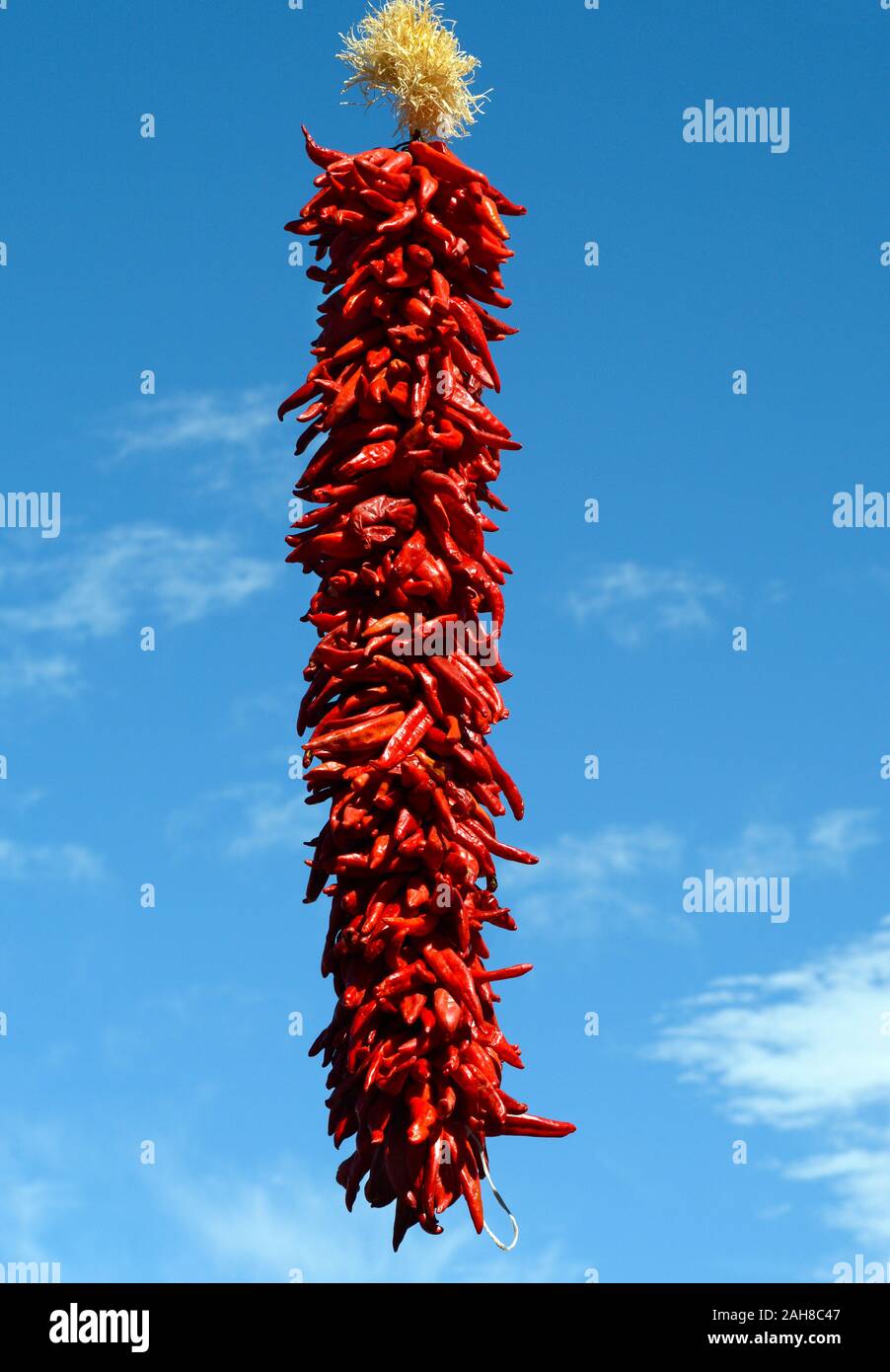 A decorative string of dried chili peppers, called a ristra, hang in ...