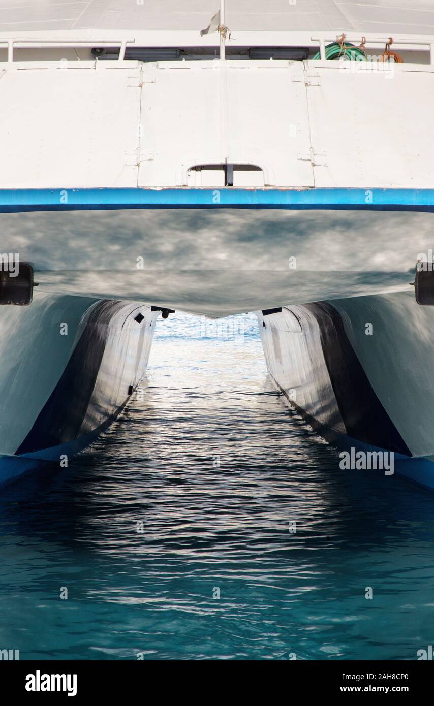 underside of catamaran ferry boat on the sea Stock Photo - Alamy