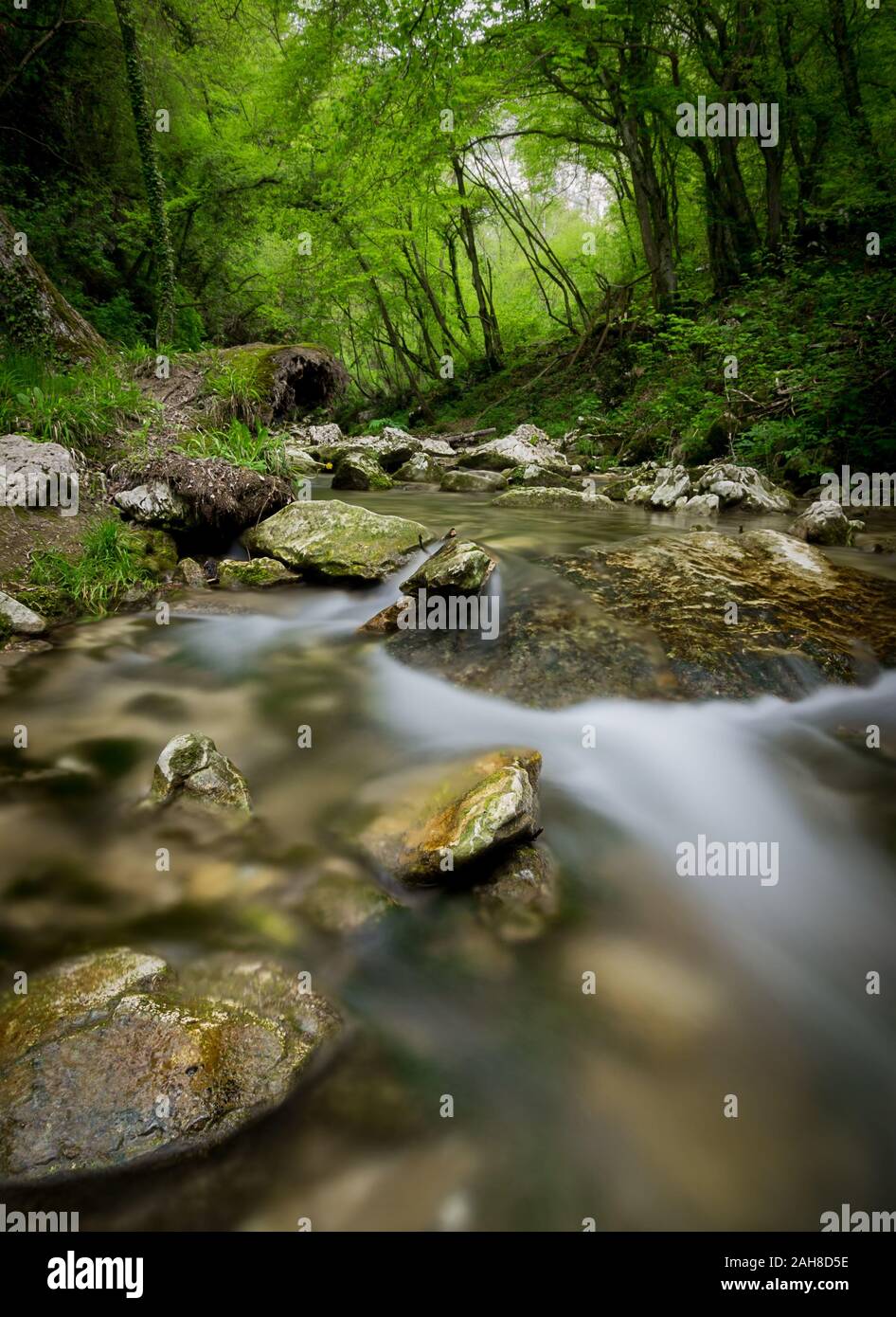 Wide angle view of of a small waterfall surrounded by trees and ...