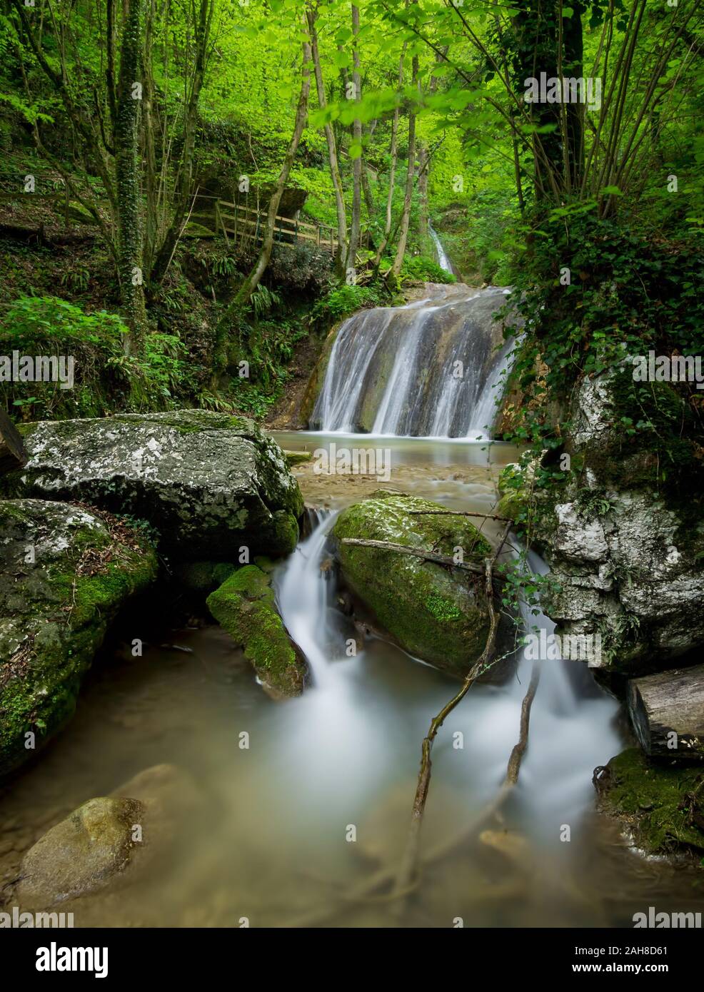 Wide angle view of of a small waterfall surrounded by trees and ...