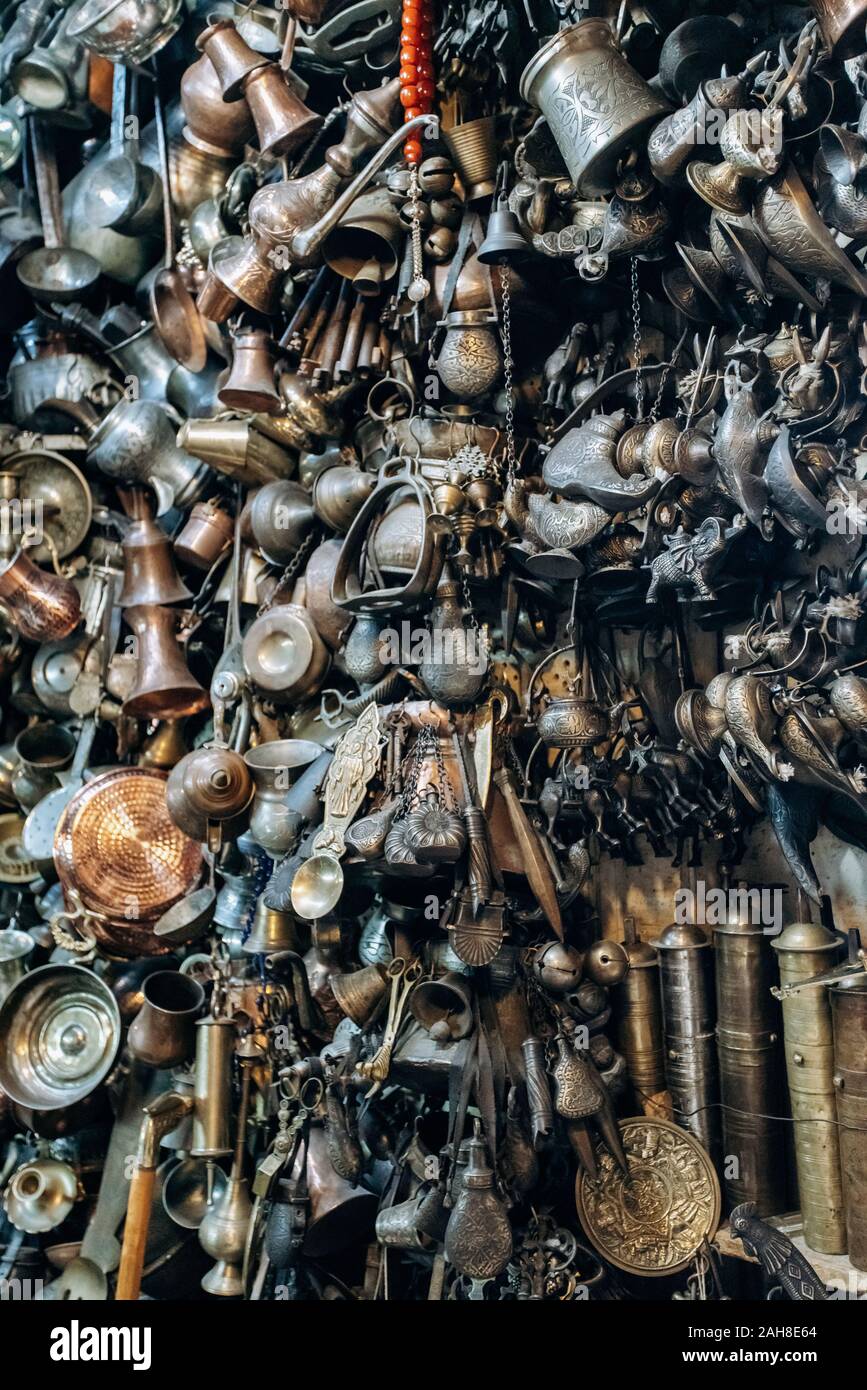 Antiques at the Bazaar in Istanbul. Copper Souvenirs on the market ...