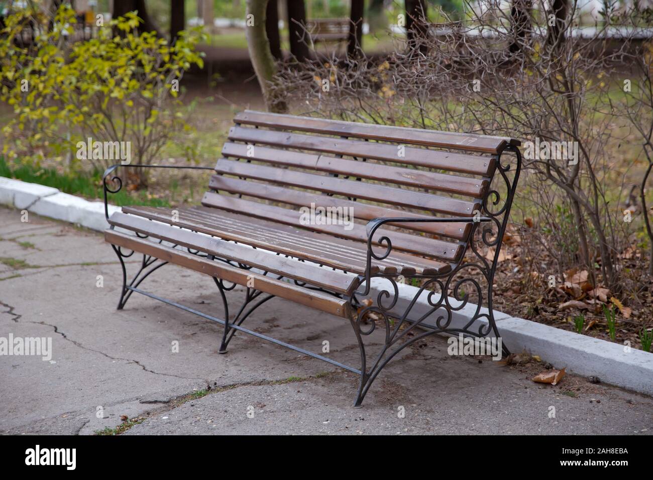 Blank Old bench in a shady area of the garden or the park,outdoor ...
