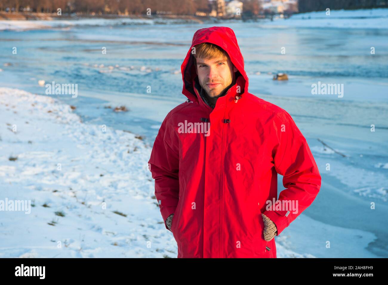 Active rest. travel and expedition concept. man in parka. winter male ...