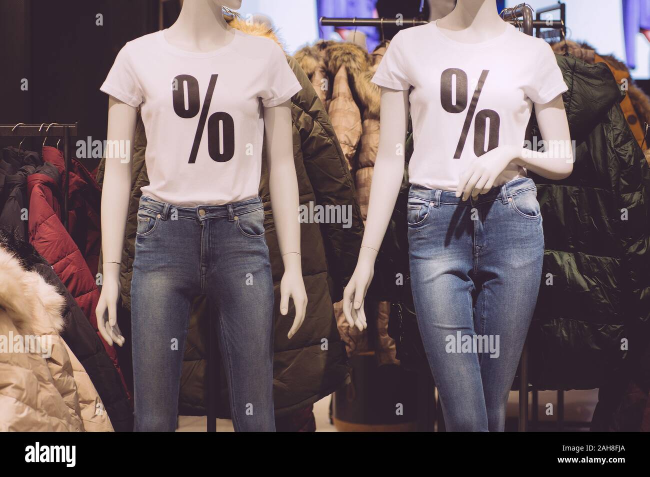 Shopping, sale and discounts at clothing stores. Percent sign on a ...