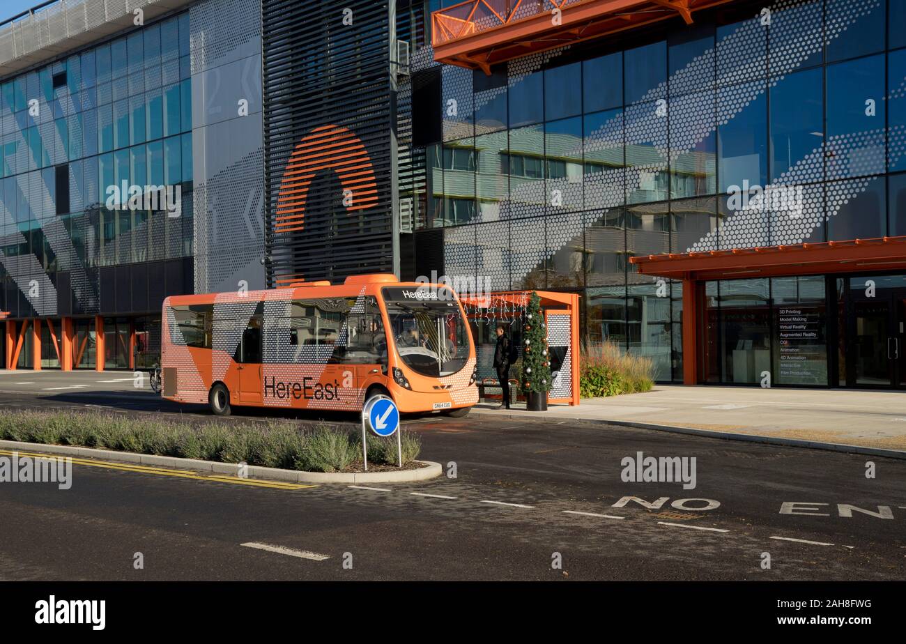 Shuttle bus for staff at Here East art and new media quarter at ...