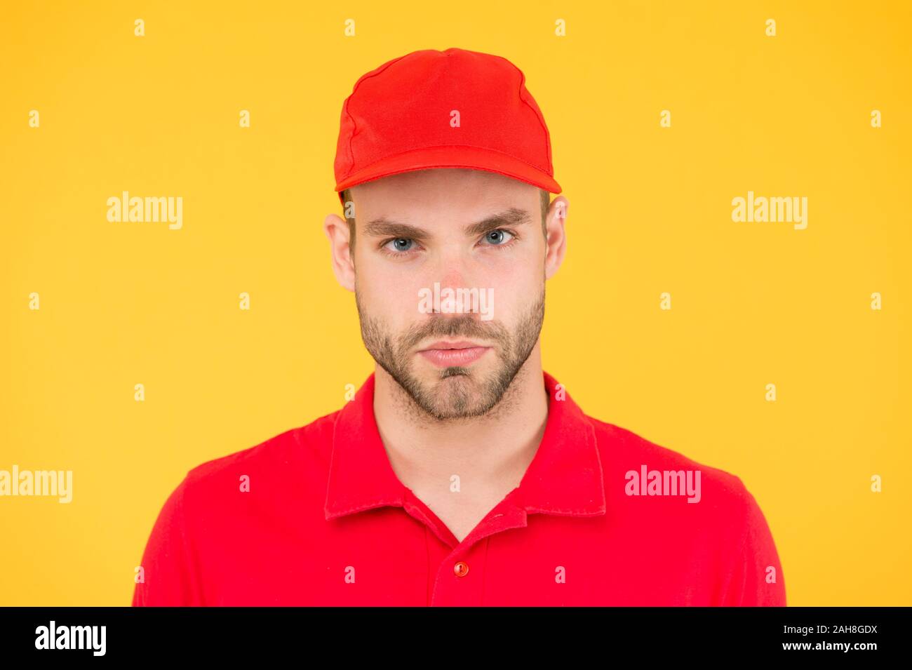 Cashier occupation. Hiring shop worker. Handsome guy cashier uniform ...