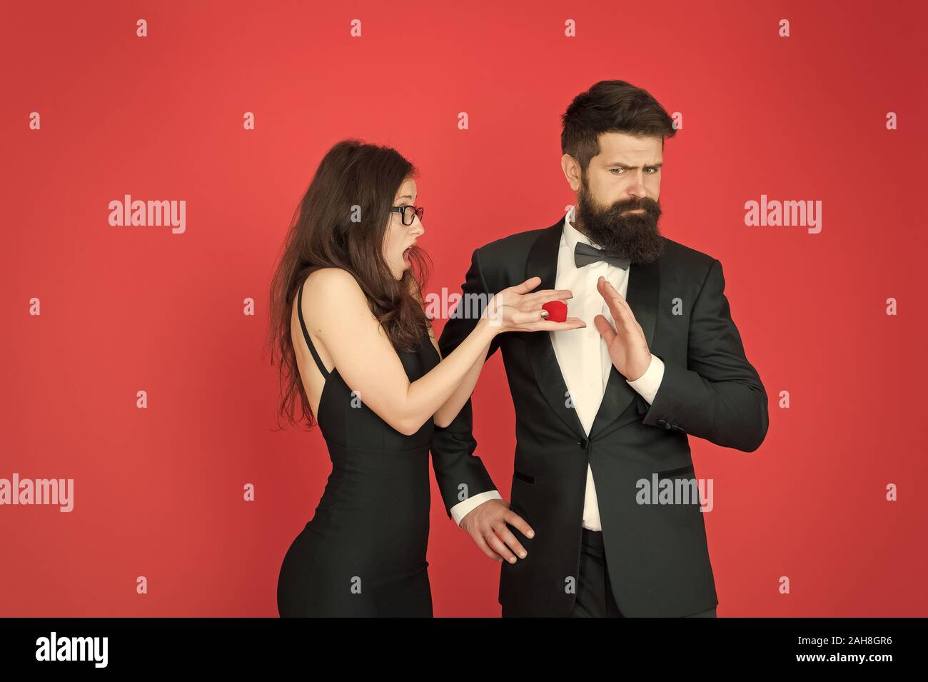 Engagement concept. Rejected offer. Couple in love celebrate ...