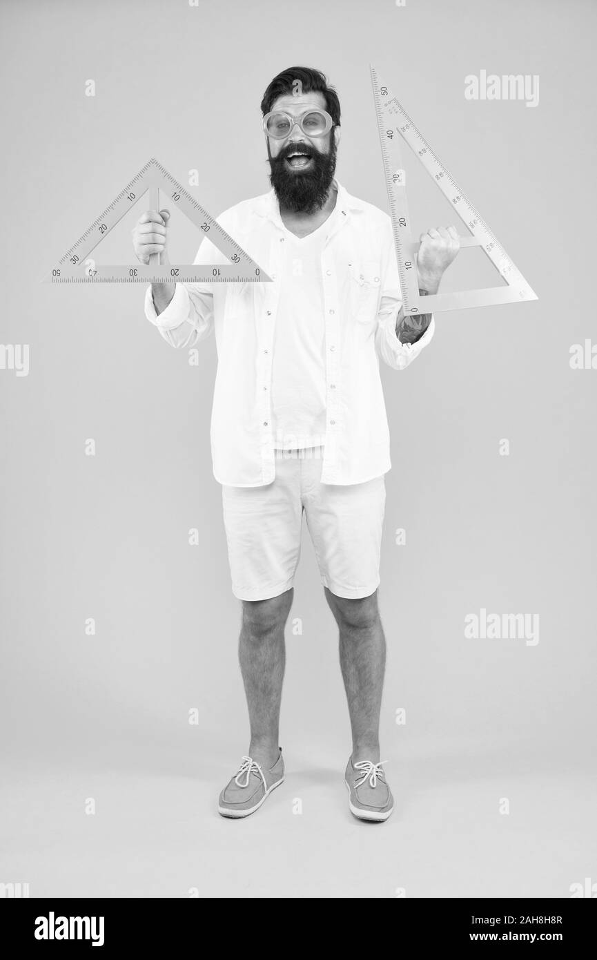 College university education. Bearded nerd with triangle. Exploring ...