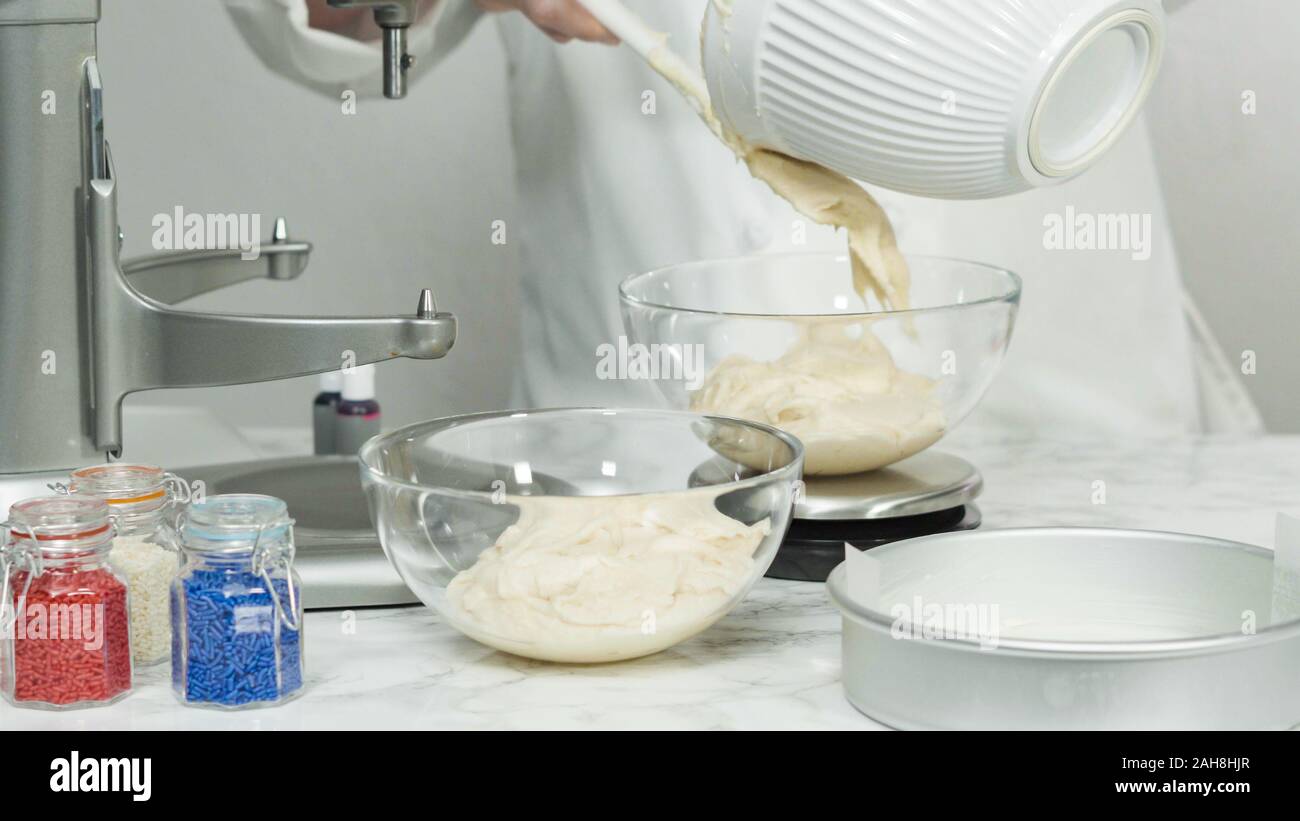 Step by step. Measuring cake batter with a digital kitchen scale to ...
