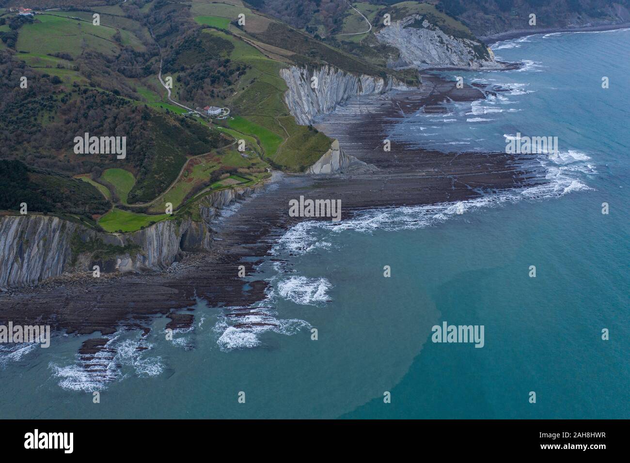 Zumaia and Deba flysch geological strata layers drone aerial view ...