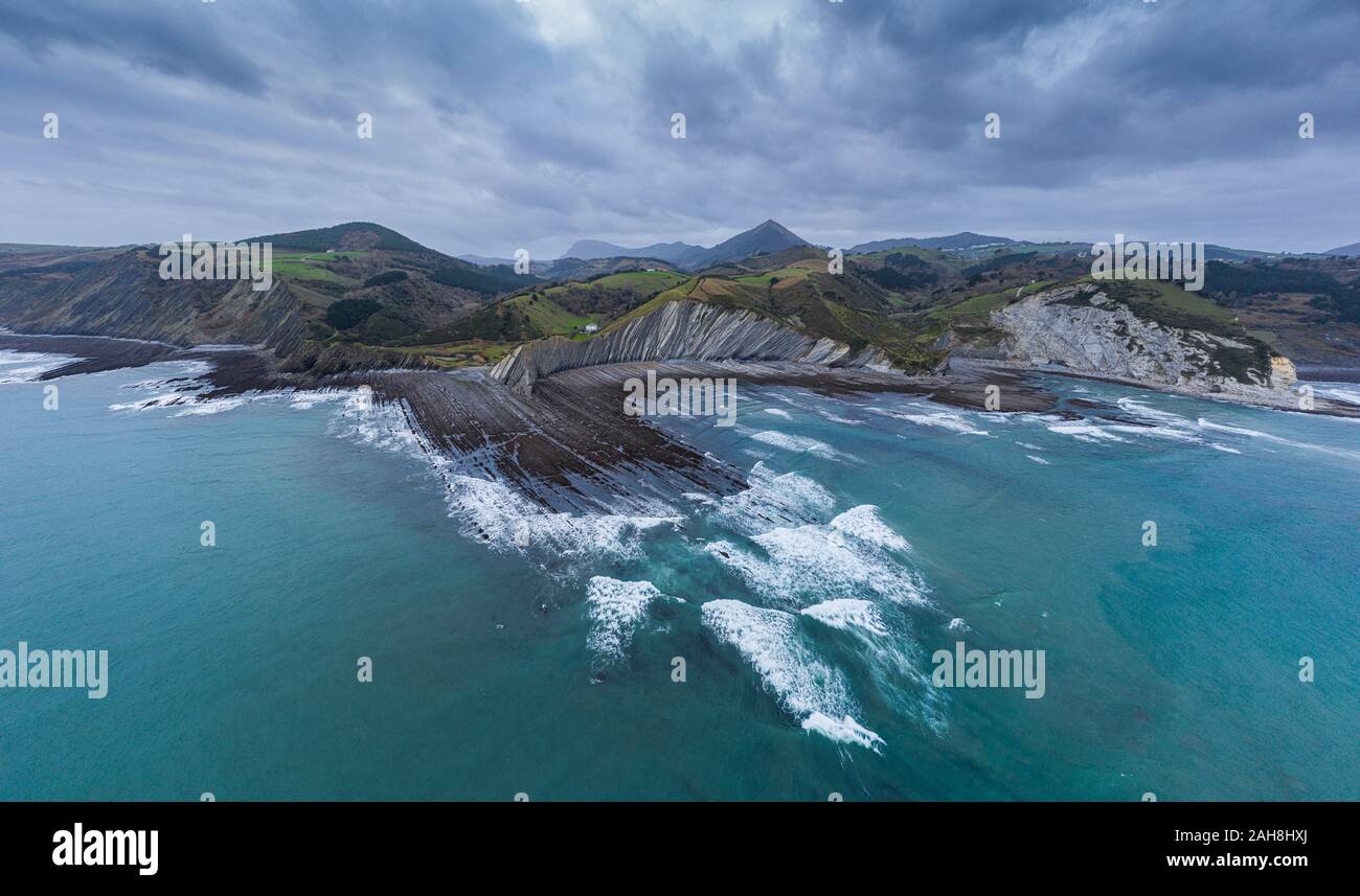 Zumaia and Deba flysch geological strata layers drone aerial view ...
