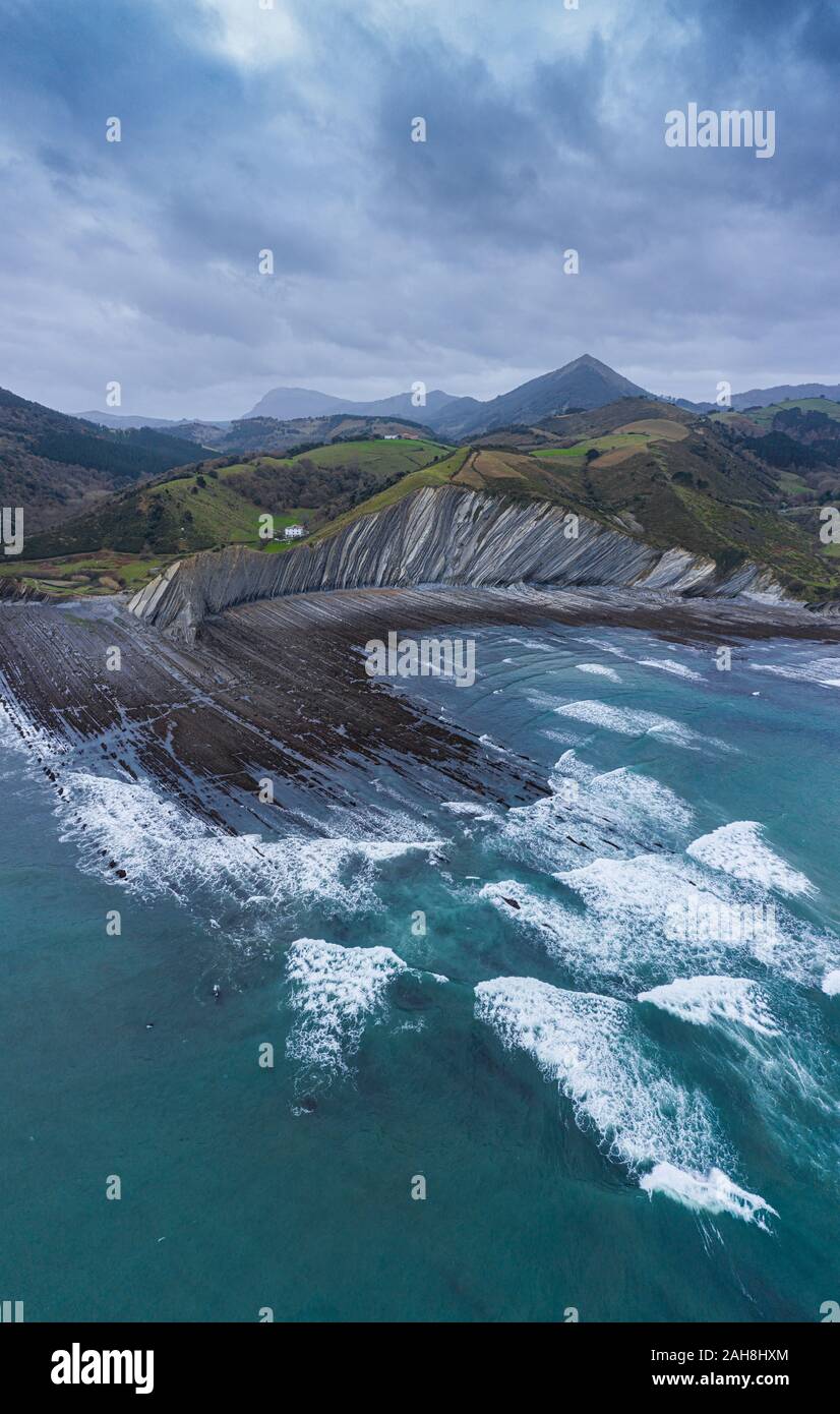 Zumaia and Deba flysch geological strata layers drone aerial view ...