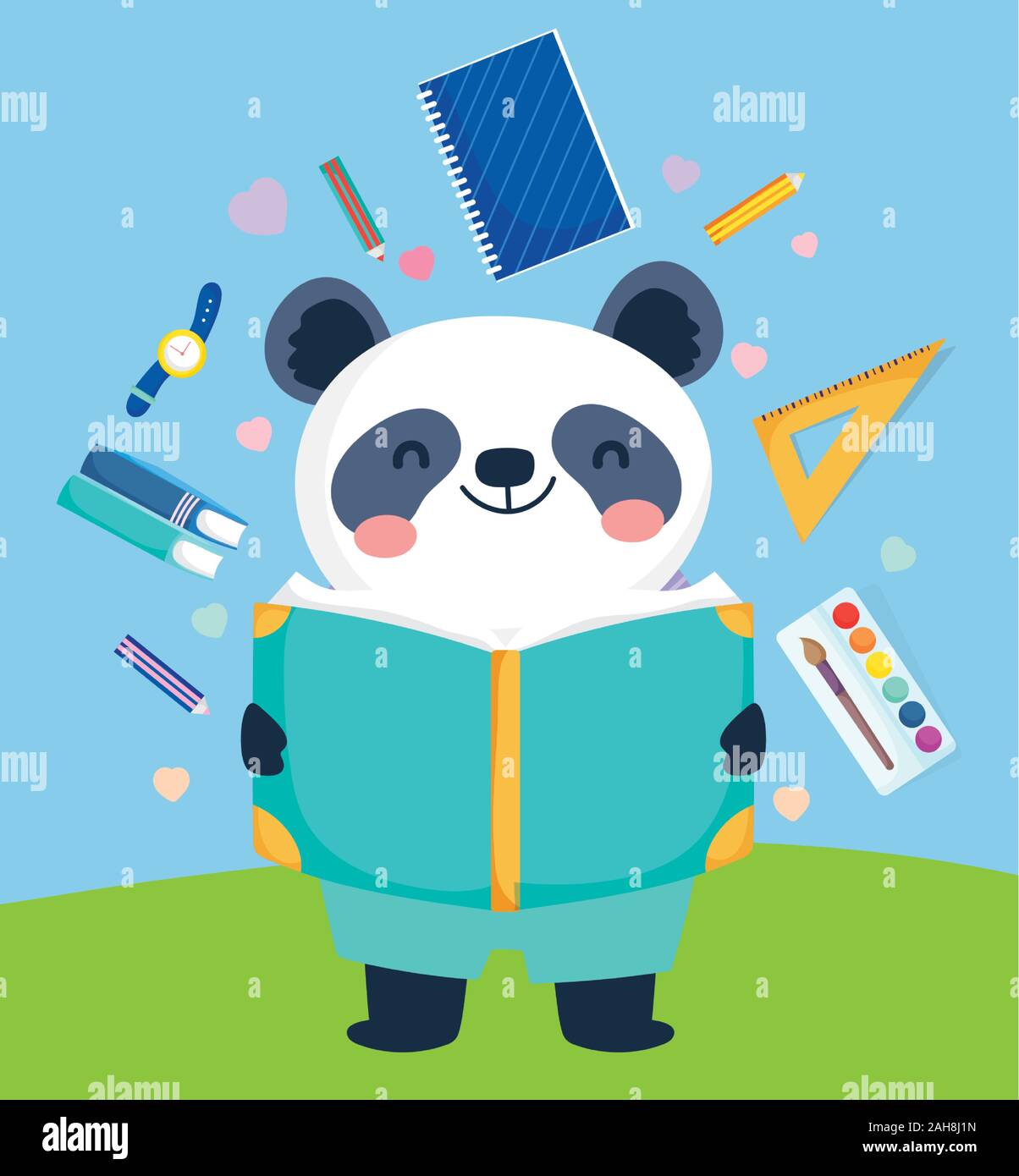back to school cute panda reading book education vector illustration ...