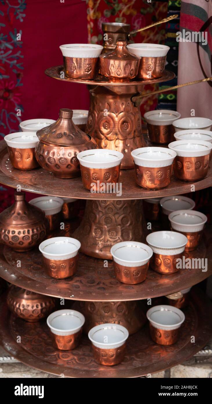 Traditional handmade souvenir - Turkish coffee pot with small copper ...