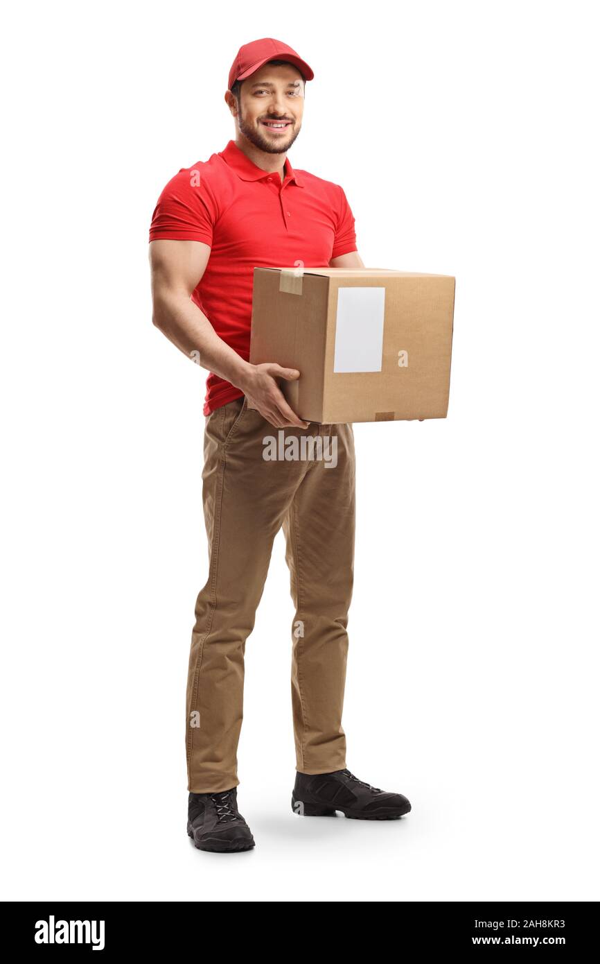 Full length portrait of a delivery man holding a package isolated on ...