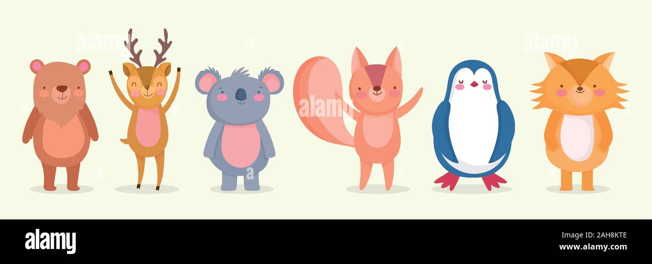 set of cute animals wildlife cartoon characters vector illustration ...
