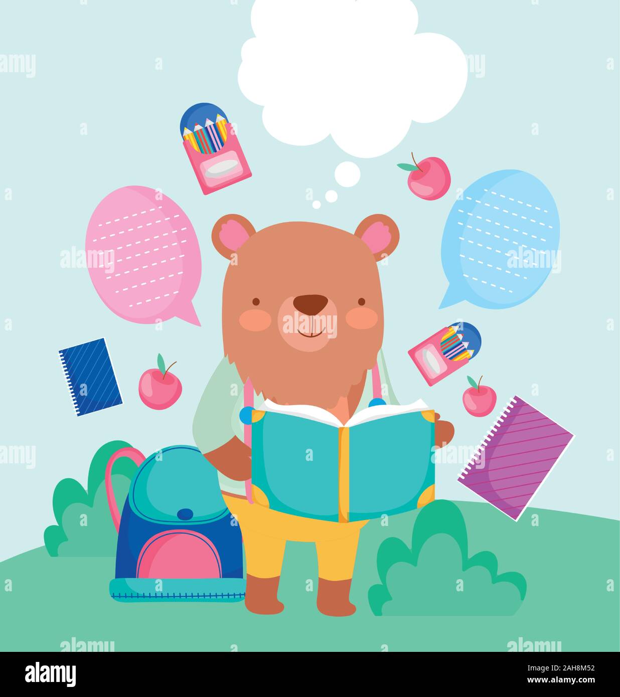 back to school cute bear reading book backpack pencils education vector ...