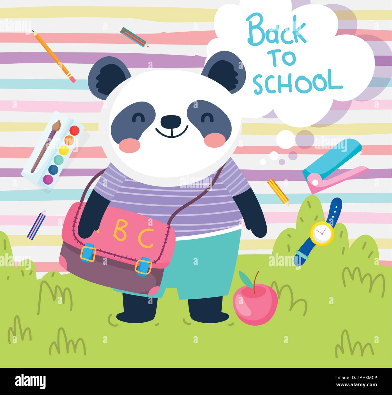 back to school cute panda with bag apple clock color education vector ...