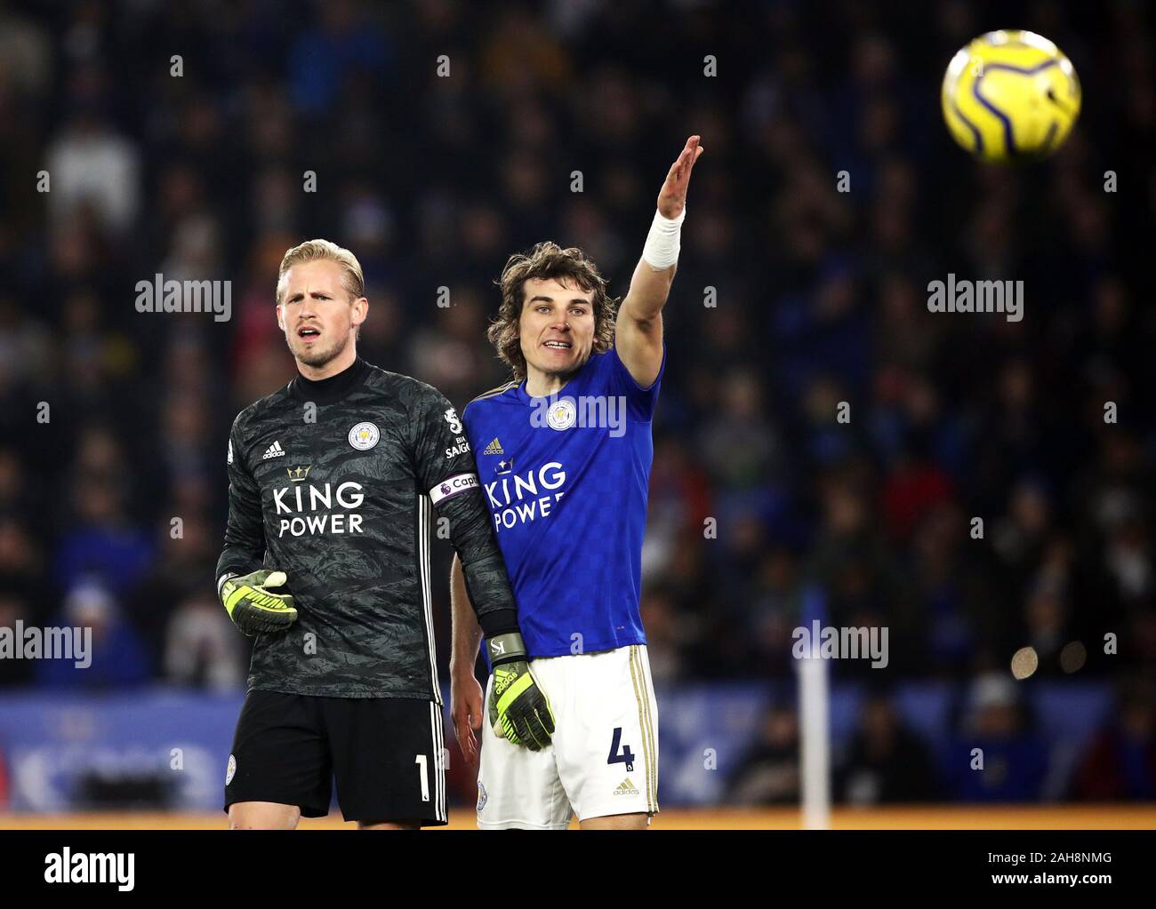 Leicester City goalkeeper Kasper Schmeichel (left) and Caglar Soyuncu ...