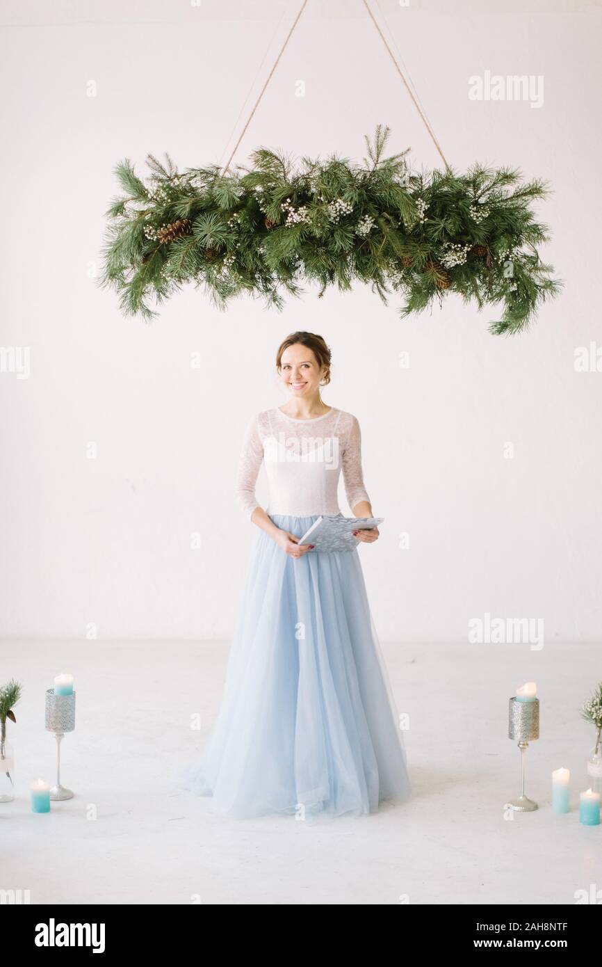Master of ceremony speech on microphone background wedding couple Stock ...