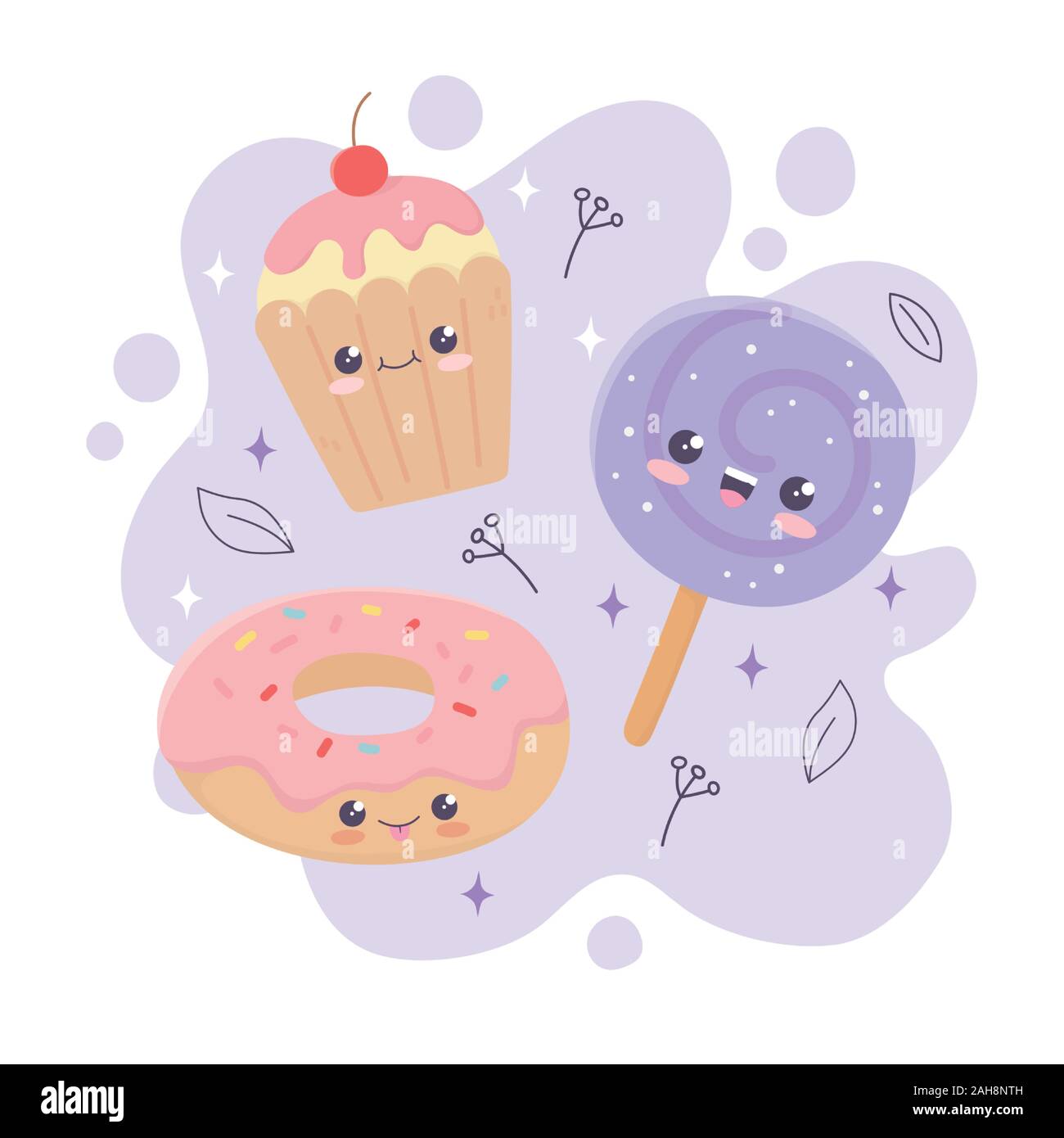 kawaii sweet donut lollipop and cupcake dessert cartoon vector ...