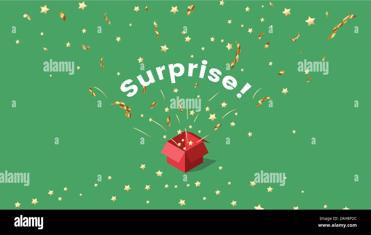 Surprise with stars confetti vector background. Isometric open gift box ...