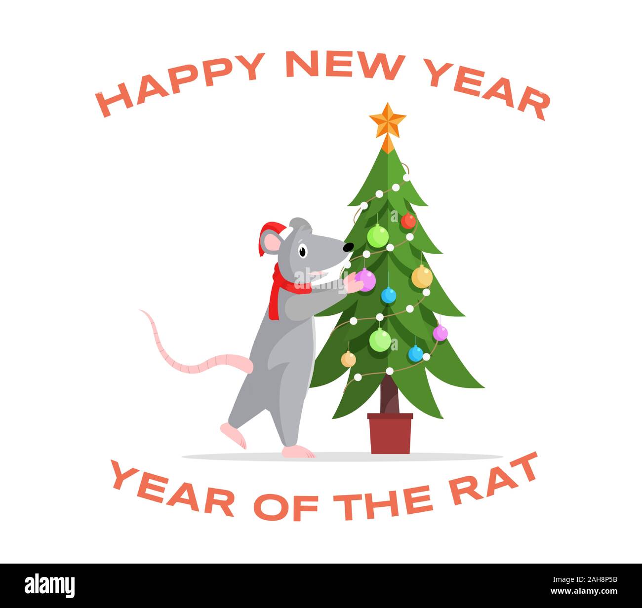 Adorable rat decorating fir tree illustration. Cute mouse preparing for ...
