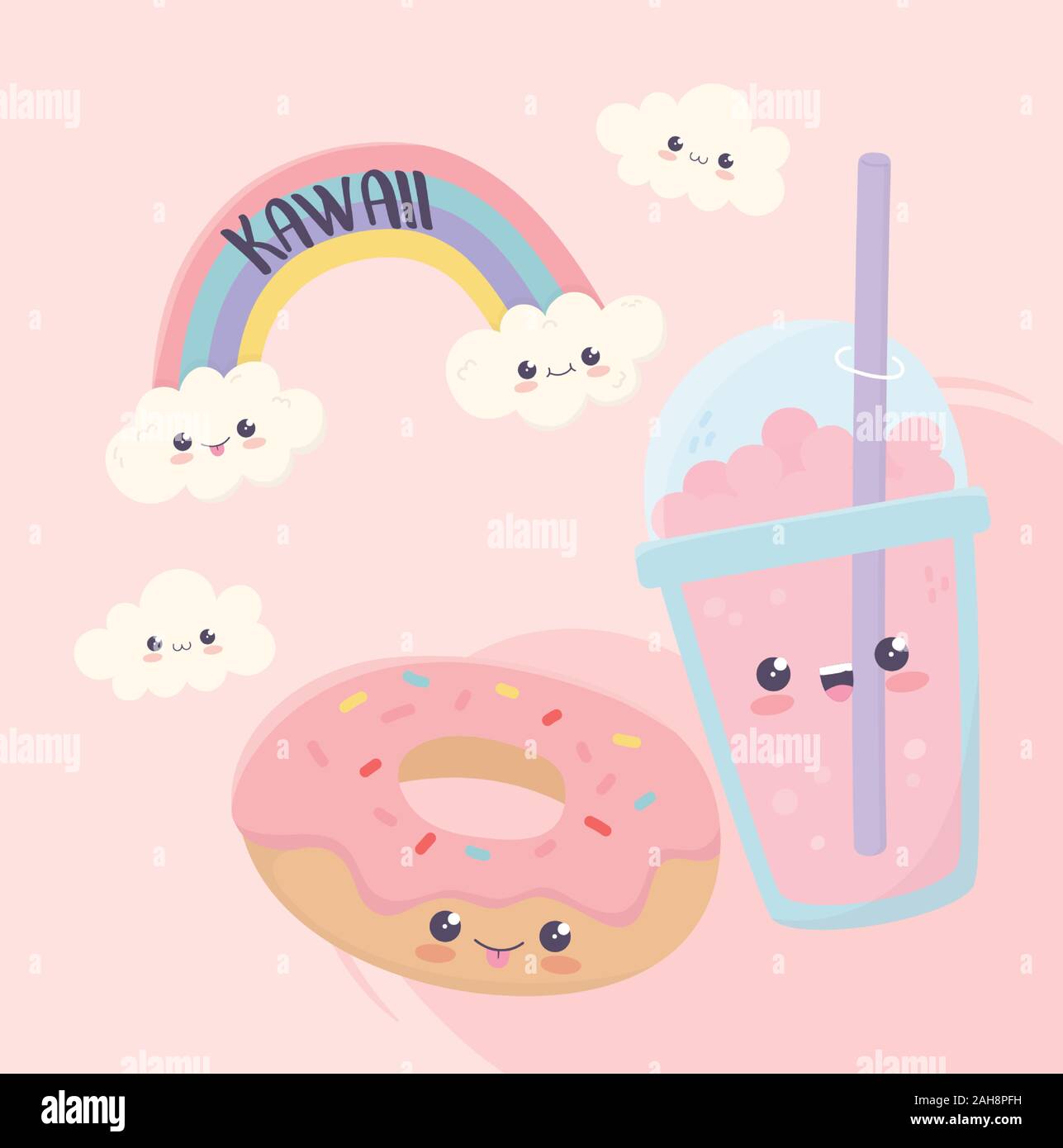 kawaii rainbow donut and drink cup fast food cartoon vector ...