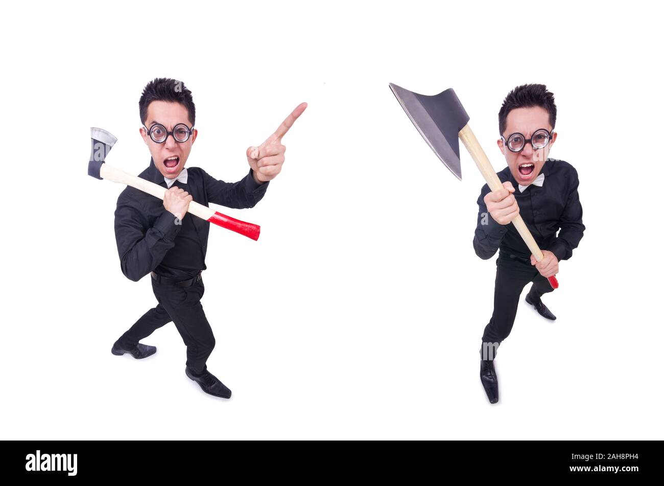 The funny man with axe on white Stock Photo - Alamy