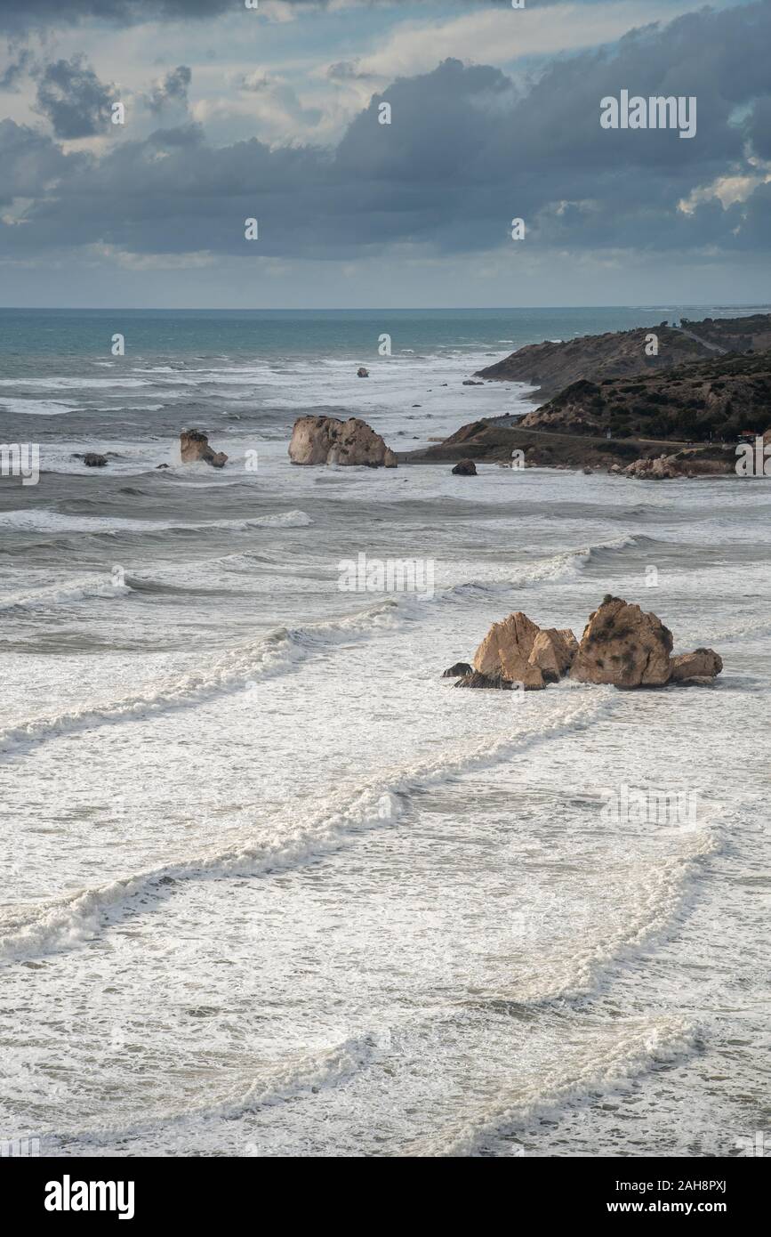 Seascape with windy waves during storm weather at the rocky coastal ...