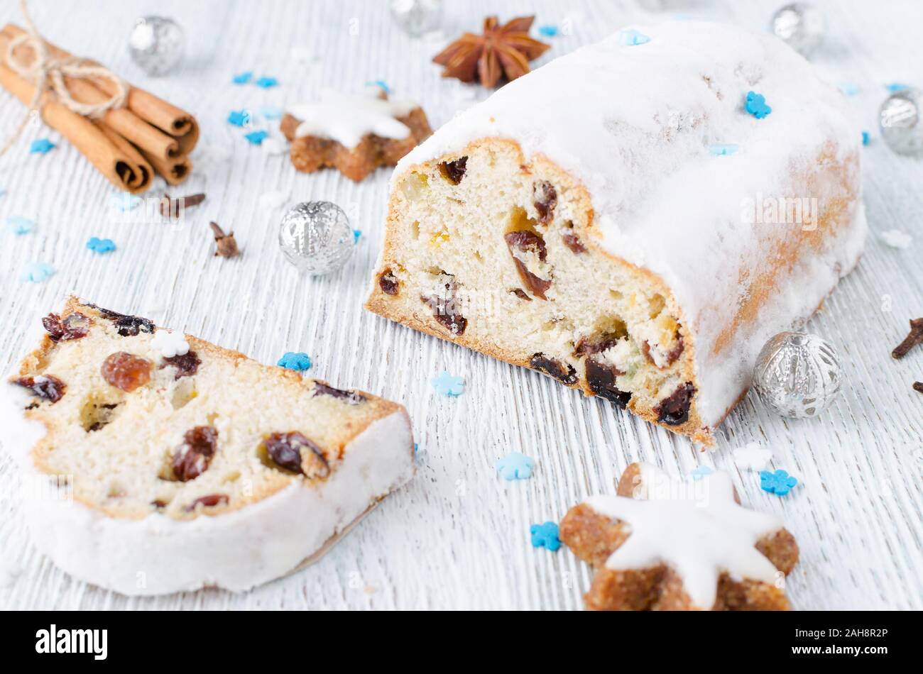 traditional german christmas cake stollen with cookies and decoration ...