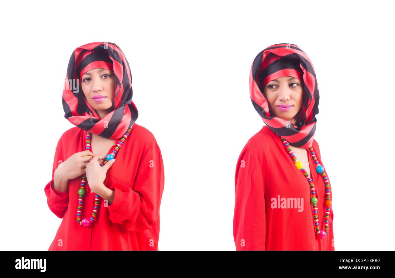 The woman in red scaf on white Stock Photo - Alamy