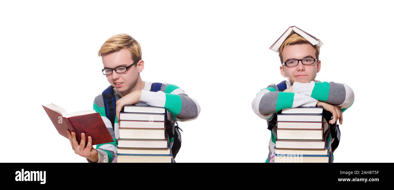The funny student with stack of books Stock Photo - Alamy