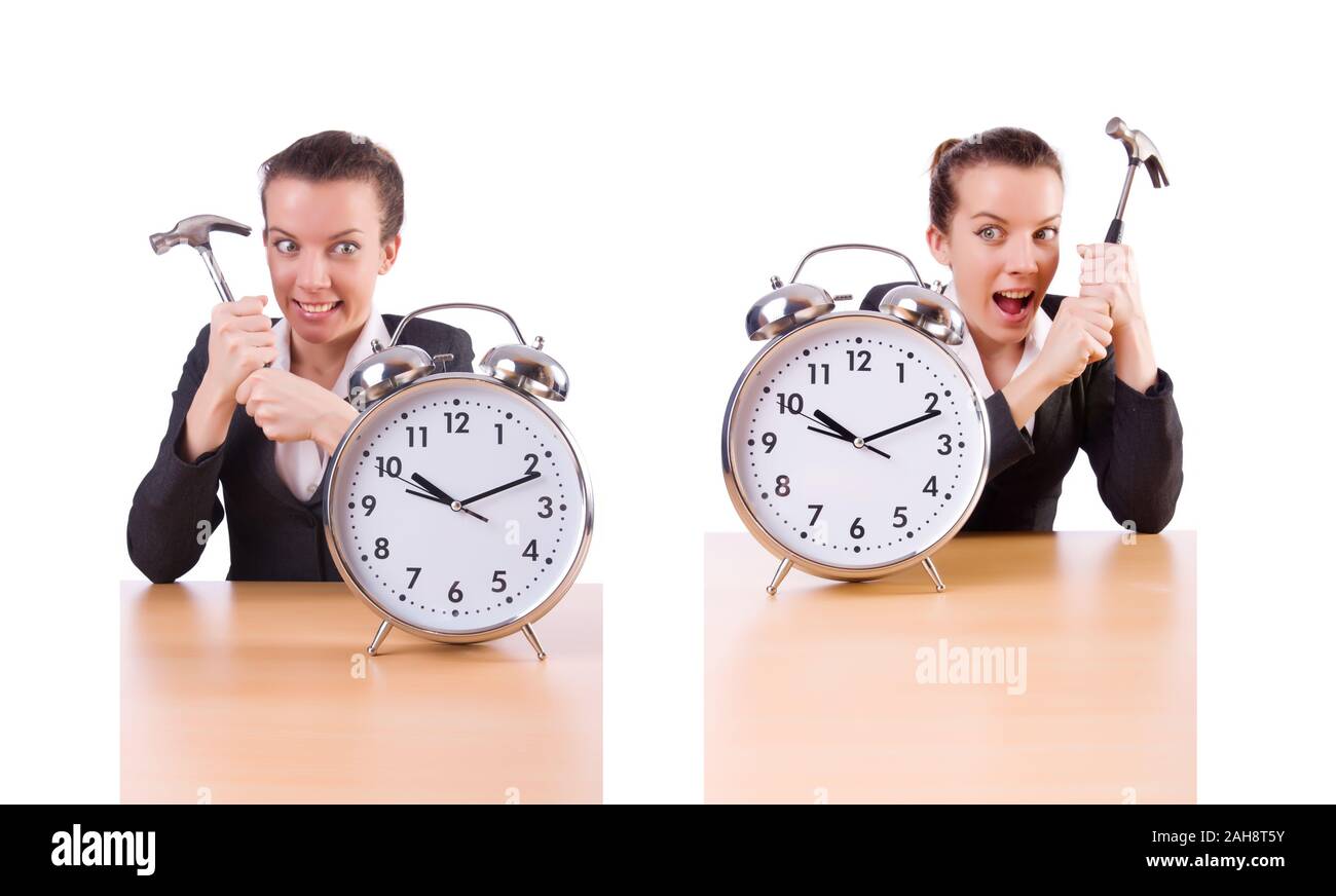 Woman trying break clock hi-res stock photography and images - Alamy