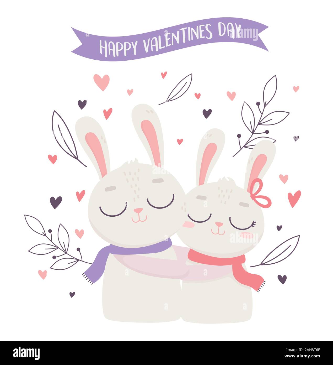 happy valentines day cute white couple rabbits ribbon card vector ...
