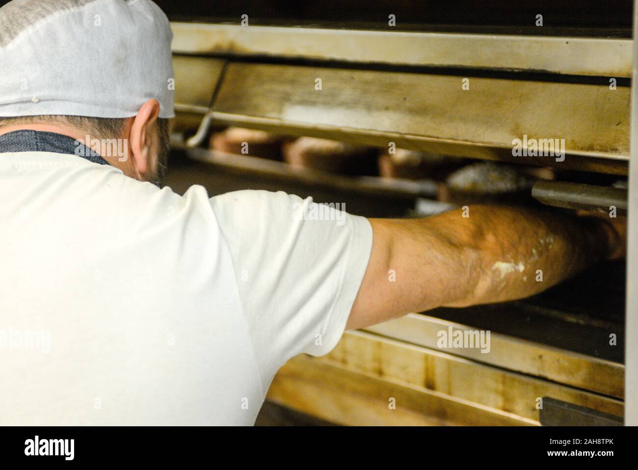 Adult strong man baking milanese traditional panettone is an Italian ...