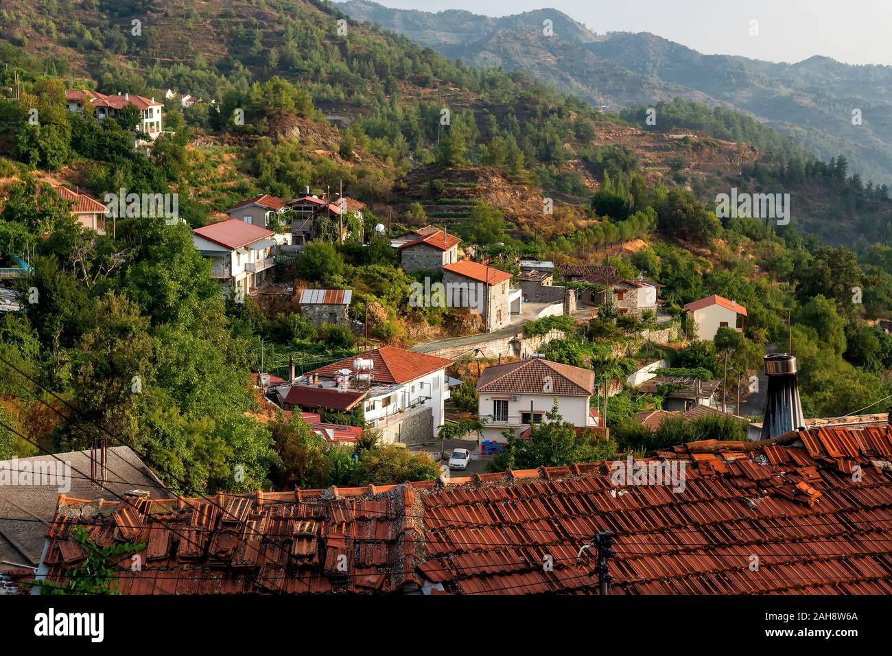 View over Agros village and the Troodos mountain range. Limassol ...
