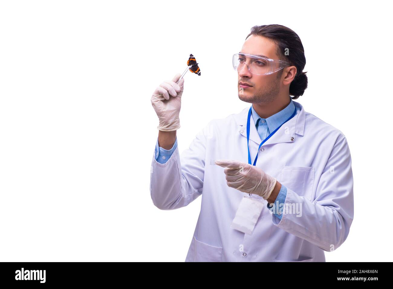 The young student zoologist with butterfly isolated on white Stock ...