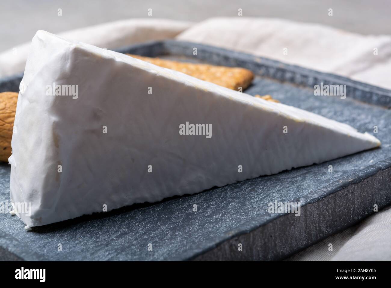 Cheese collection, piece of French brie cheese with white mold close up ...