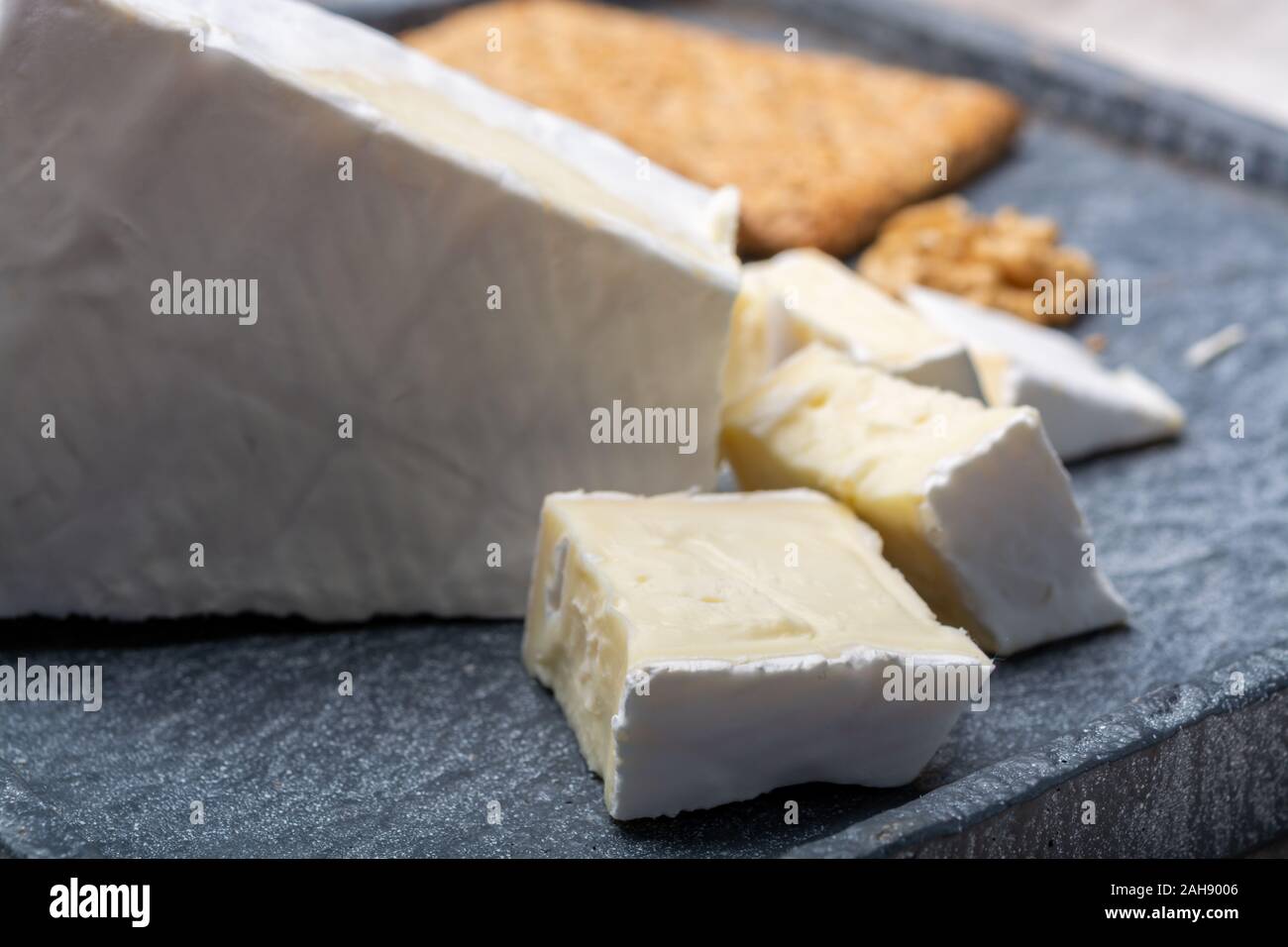 Cheese collection, piece of French brie cheese with white mold close up ...