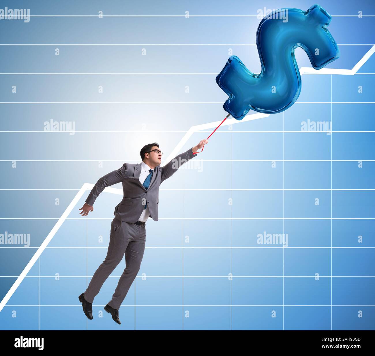 The businessman flying on dollar sign inflatable balloon Stock Photo ...
