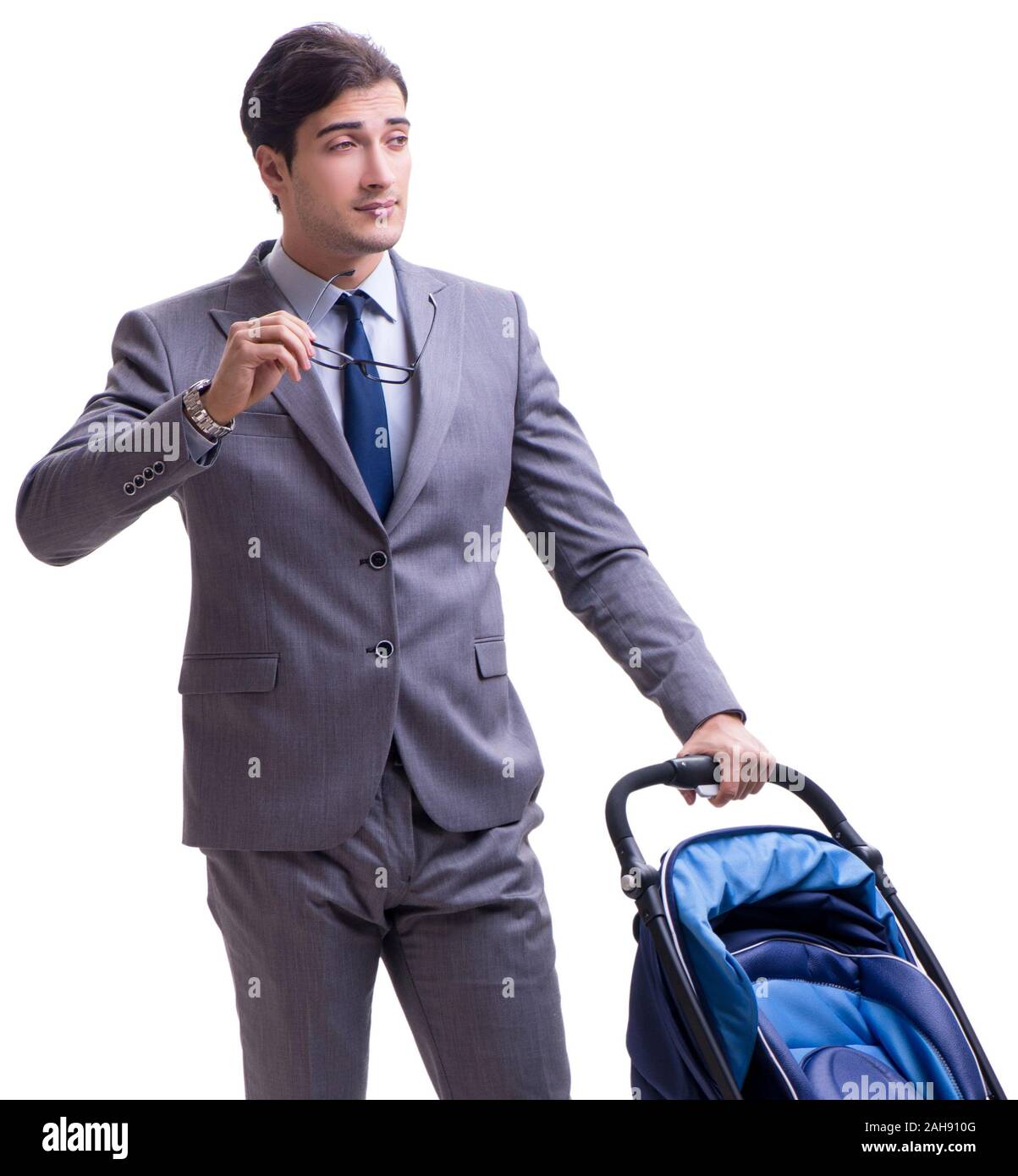 The young dad businessman with baby pram isolated on white Stock Photo ...